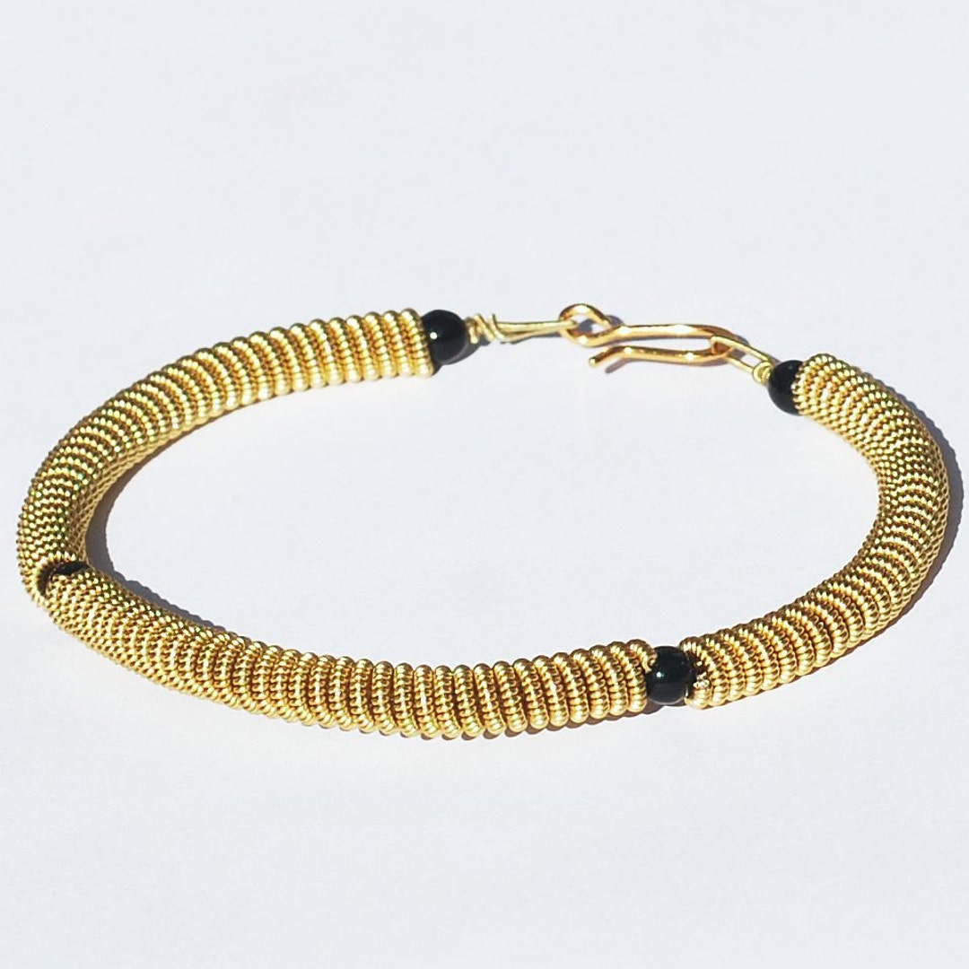Guitar String Bracelet- Black Bead & Brass Guitar String Jewelry ...