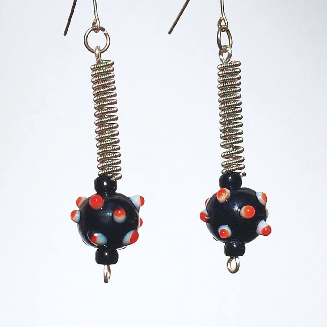 Guitar String Jewelry- Red and Black Bead Earrings, Silver Upcycled ...