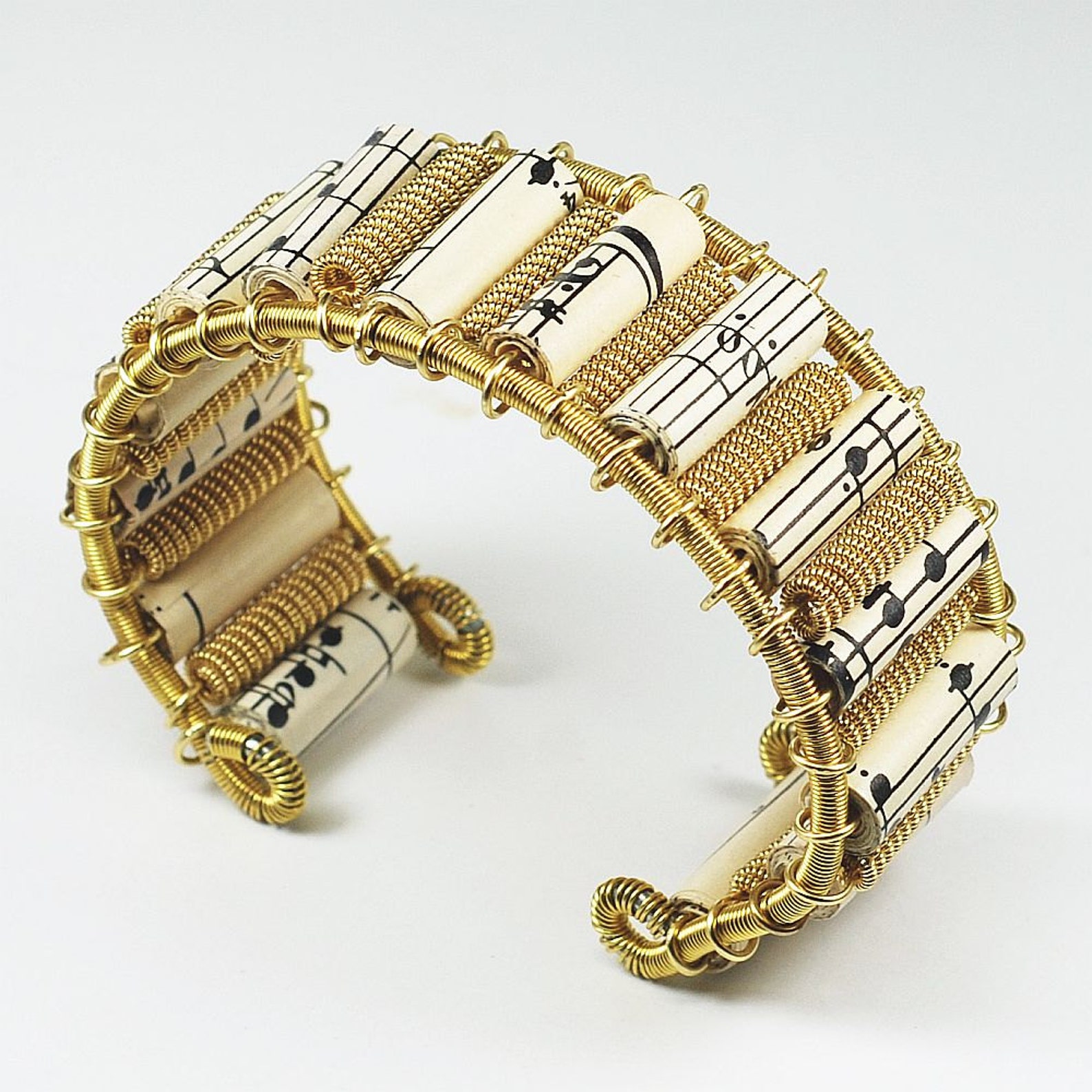 Guitar String Bracelet- Sheet Music Paper Bead Jewelry, Brass Cuff ...