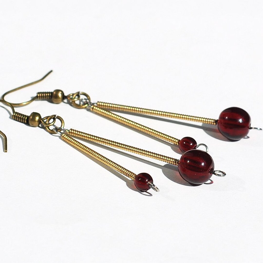 Guitar String Jewelry- Garnet Red Bead Earrings, Brass Drop Upcycled ...