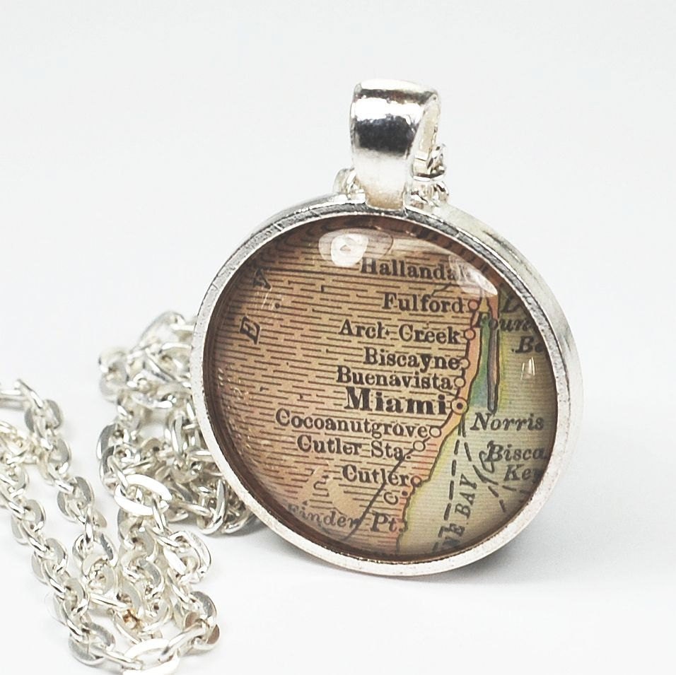 Miami Map Necklace- Vintage Map Pendant Jewelry From an Antique 1908 ...
