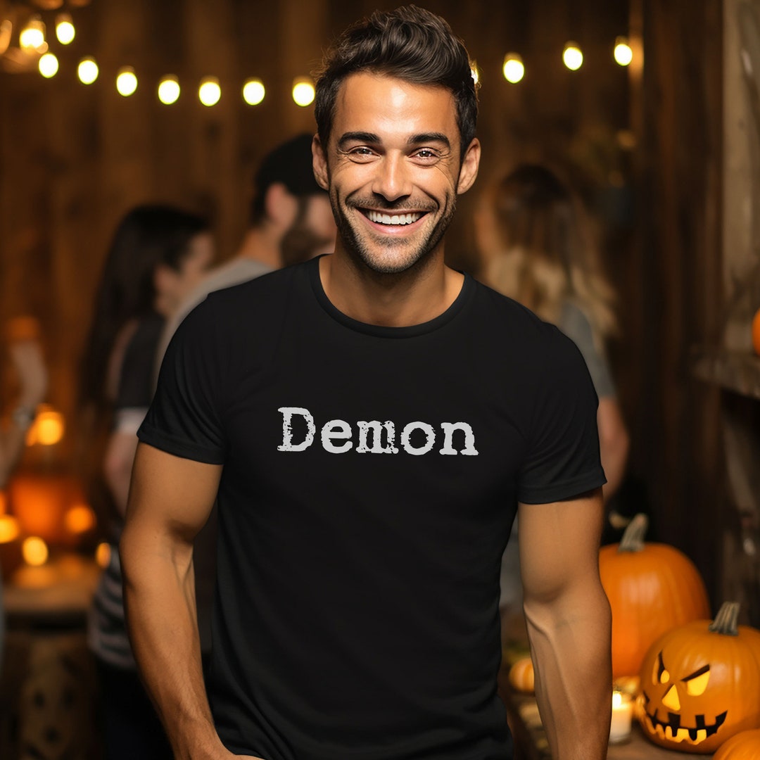 Demon Halloween T-shirt, Simple Stencil Font, Mens Halloween Shirt - Etsy