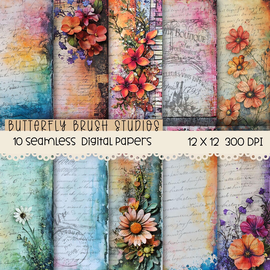 Grunge Floral Digital Paper: Vintage Faded Writing Backgrounds (digital ...