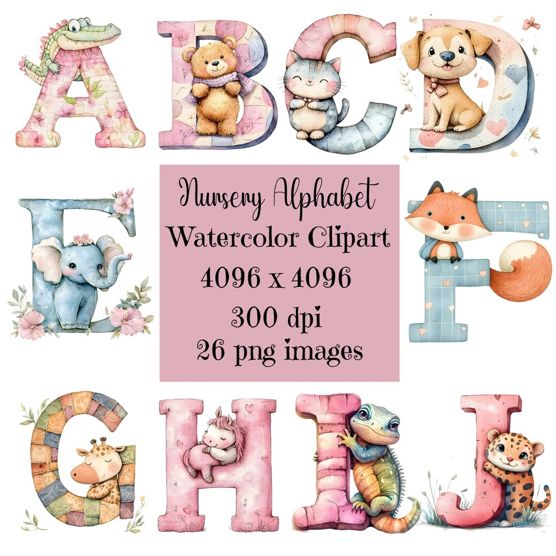 Nursery Alphabet Watercolor Clipart Alphabet Clipart Animal Alphabet ...