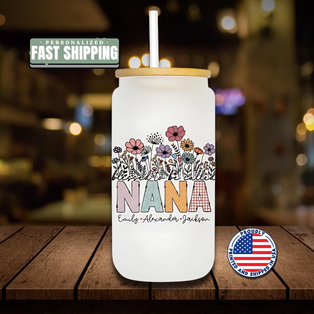 Personalized Nana Glass Can Tumbler 16 Oz Floral Name Cup With Bamboo ...