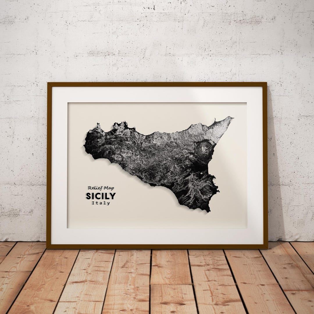 Sicily Relief Map Poster Minimalist Wall Art Print, Unique Gift for Map ...