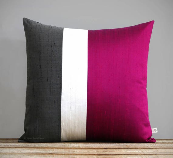 Fuchsia Silk Colorblock Pillow Cover in Cream and Charcoal - Etsy