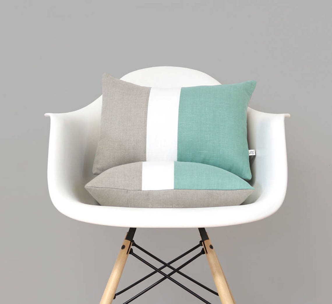 Aqua Colorblock Cushion Cover With Cream Stripe by Jillianrenedecor ...