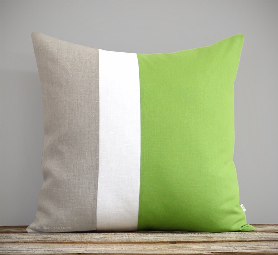Lime Colorblock Pillow with Cream & Natural Linen Stripes by | Etsy