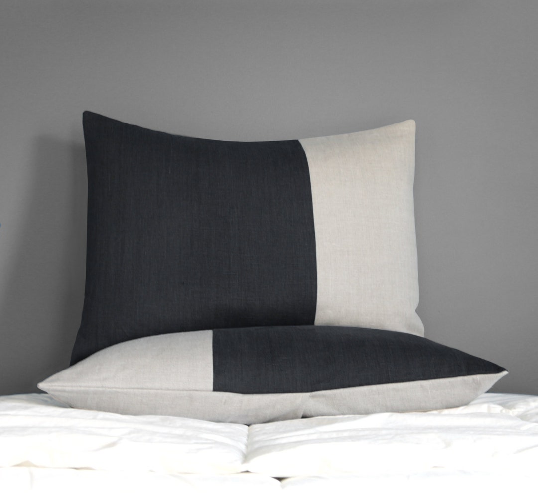 Two Tone Colorblock Pillow Shams, Color Block Bedding, Black Linen ...