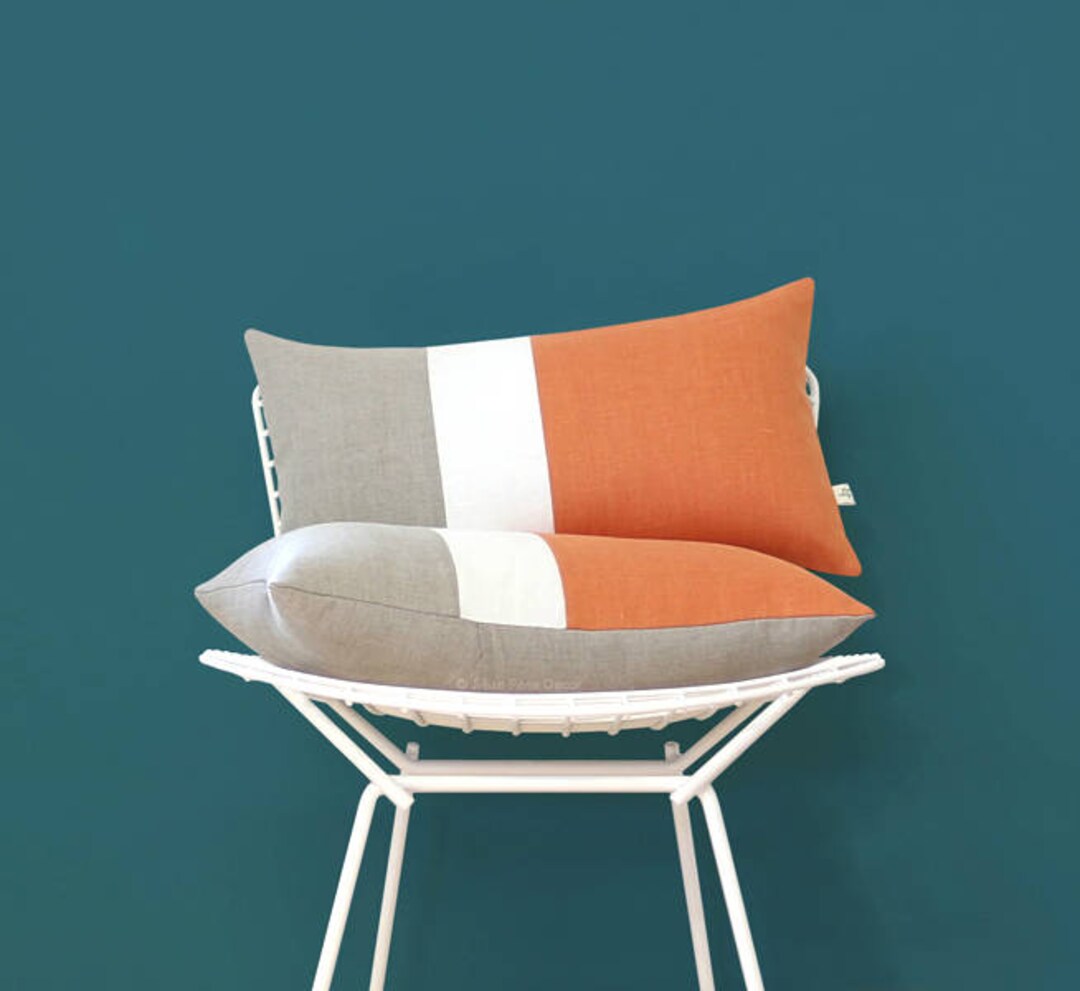 Pumpkin Orange Colorblock Cushion Cover With Cream Stripe (set of 2) by ...