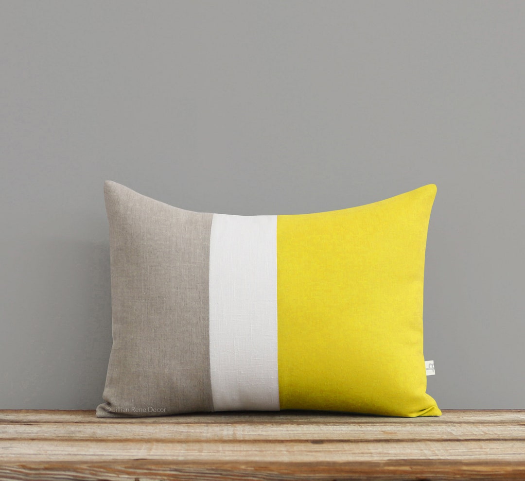 Lemon Yellow Linen Colorblock Cushion Cover With Cream Stripe by ...