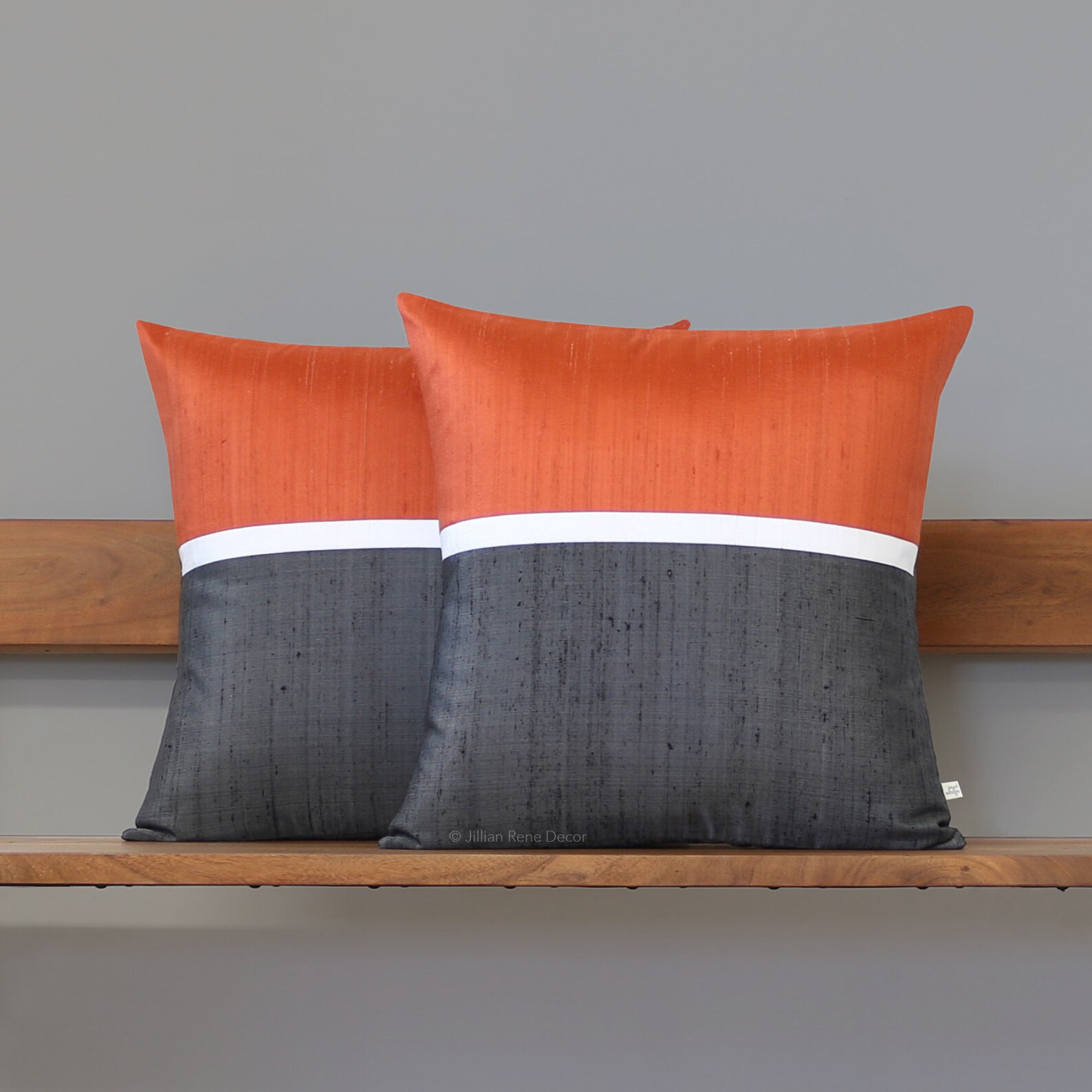 Persimmon Silk Horizon Line Pillow Cover With Cream and Charcoal Gray ...