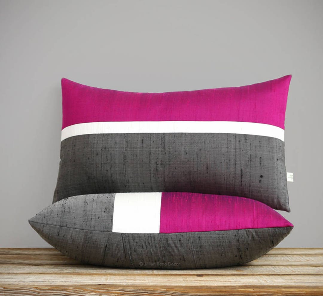 Fuchsia Silk Horizon Line Pillow Cover With Cream and Charcoal Gray ...