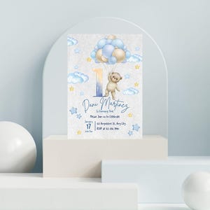 Editable Blue Bear 1st Birthday Invitation Template Watercolor Balloons ...