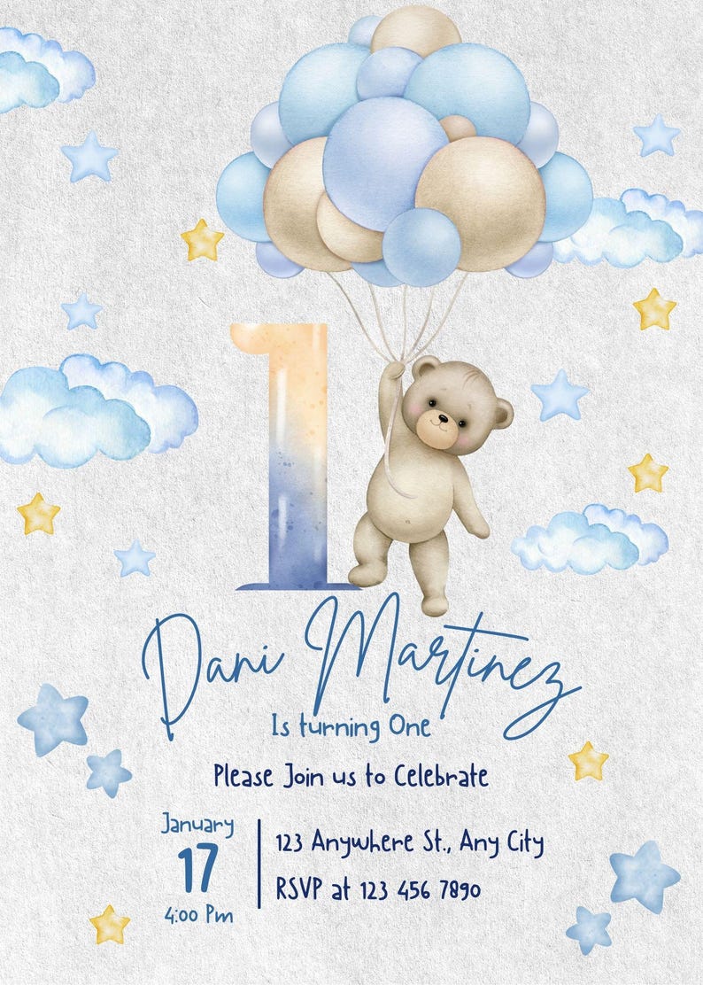 Editable Blue Bear 1st Birthday Invitation Template Watercolor Balloons ...