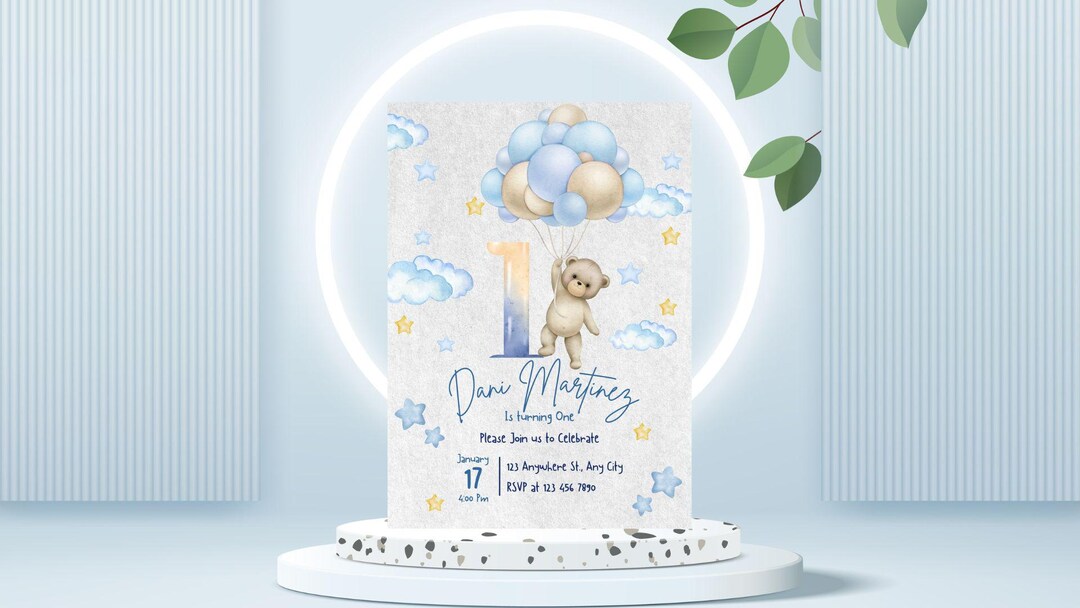 Editable Blue Bear 1st Birthday Invitation Template Watercolor Balloons ...