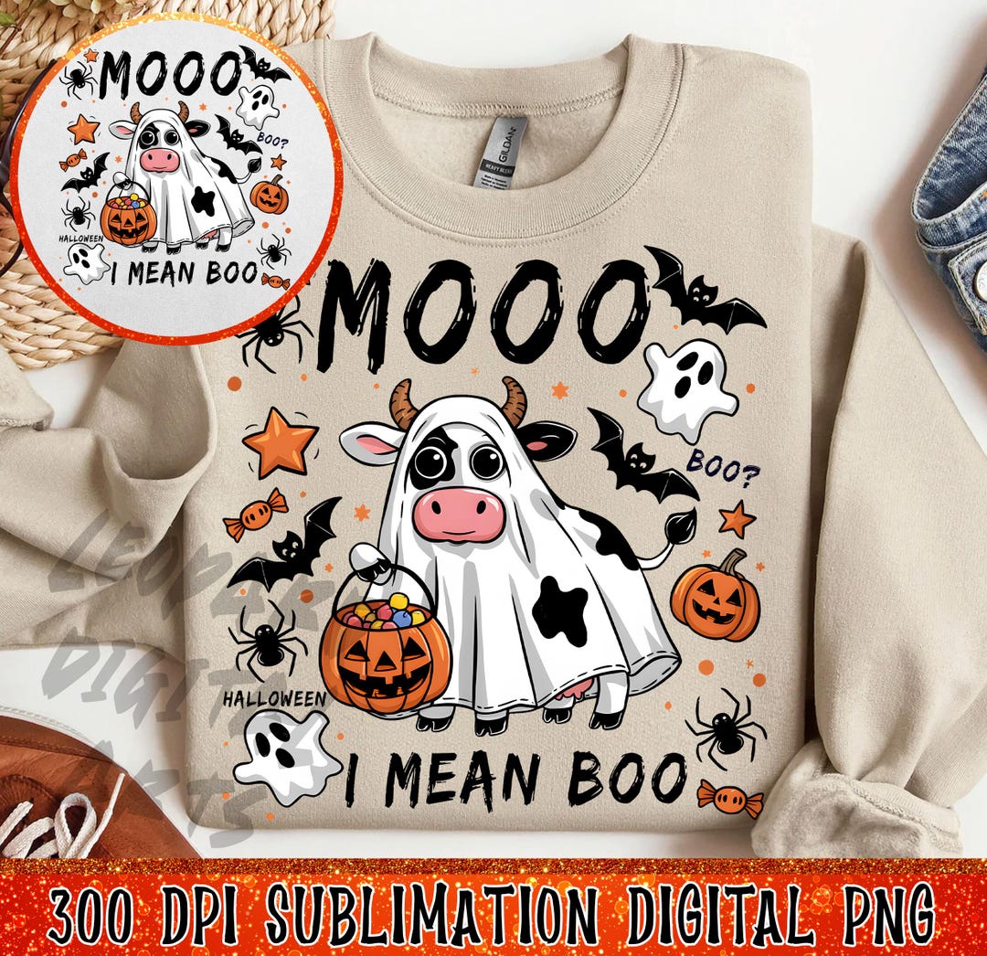 Moo I Mean Boo Png, Spooky Cow Halloween Png, Western Boo Cow Ghost Png ...