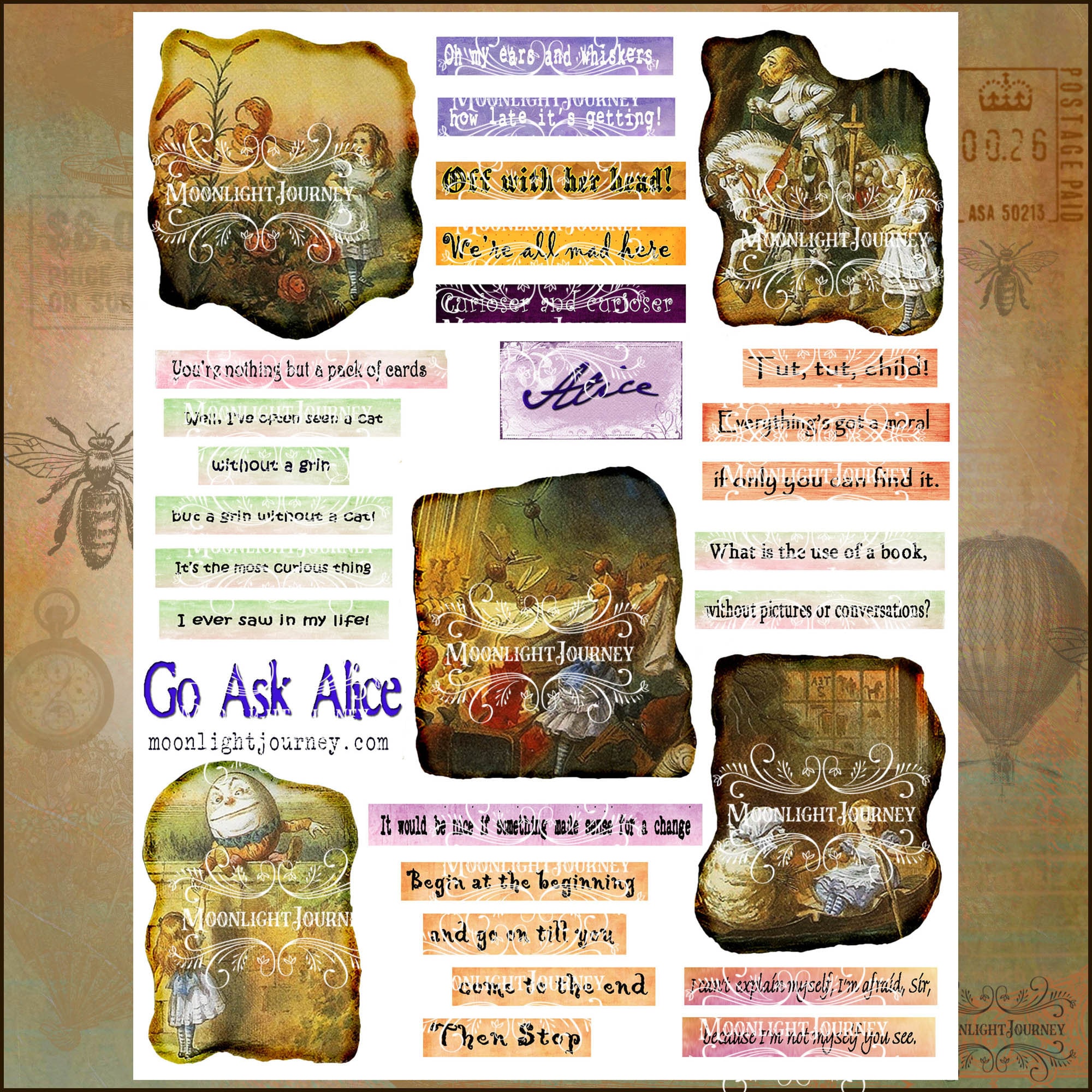 Go Ask Alice Collage Sheet in Wonderland Cheshire Cat Word Strips Words ...