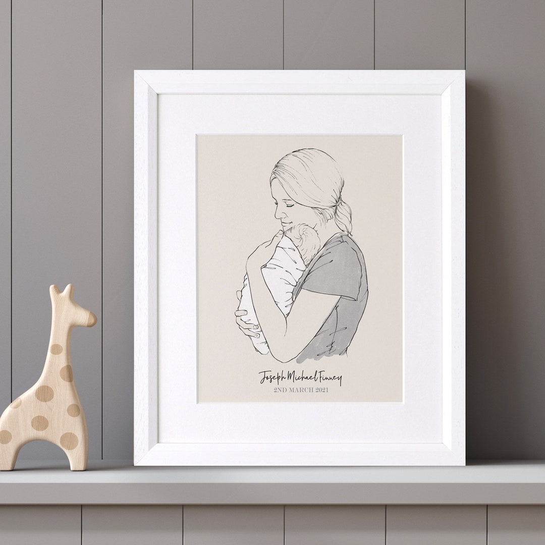 Monochrome Mummy and Me Line Drawing, Personalized Mother & Baby Pen ...