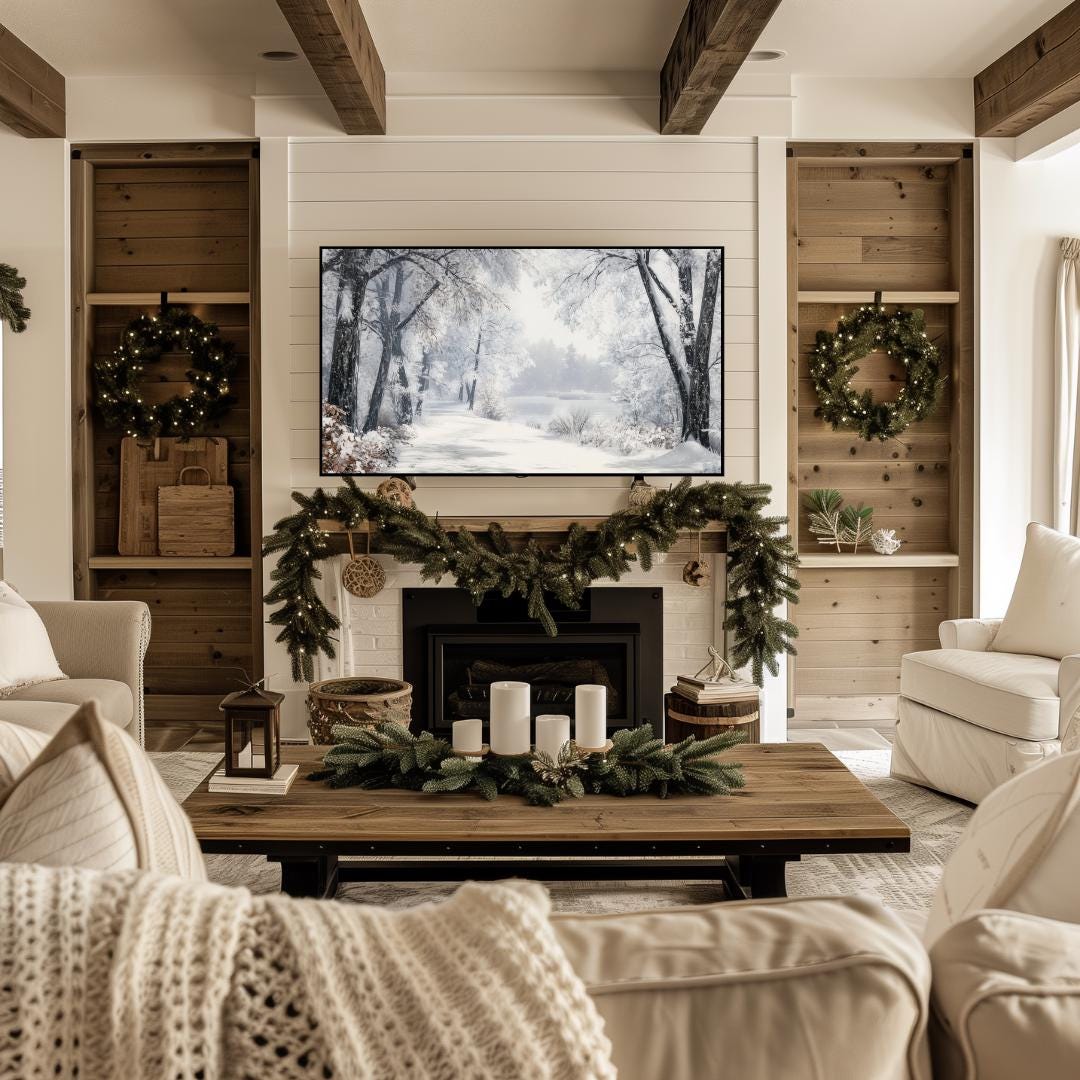 Frame Tv Winter Art, Painting of Winter Forest Lake Covered in Snow ...