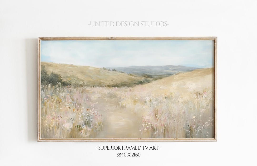 Summer Green Field Frame TV Art, Soft Beige Meadow Path, Tranquil ...