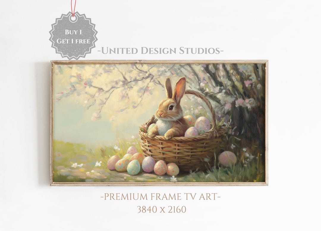 Easter Frame TV Art, Easter Bunny in Basket With Easter Eggs, Floral ...