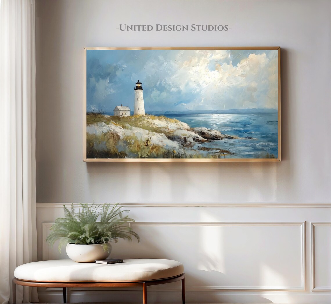 Neutral Lighthouse Frame TV Art, Coastal Ocean Cliff Scene, Seaside ...
