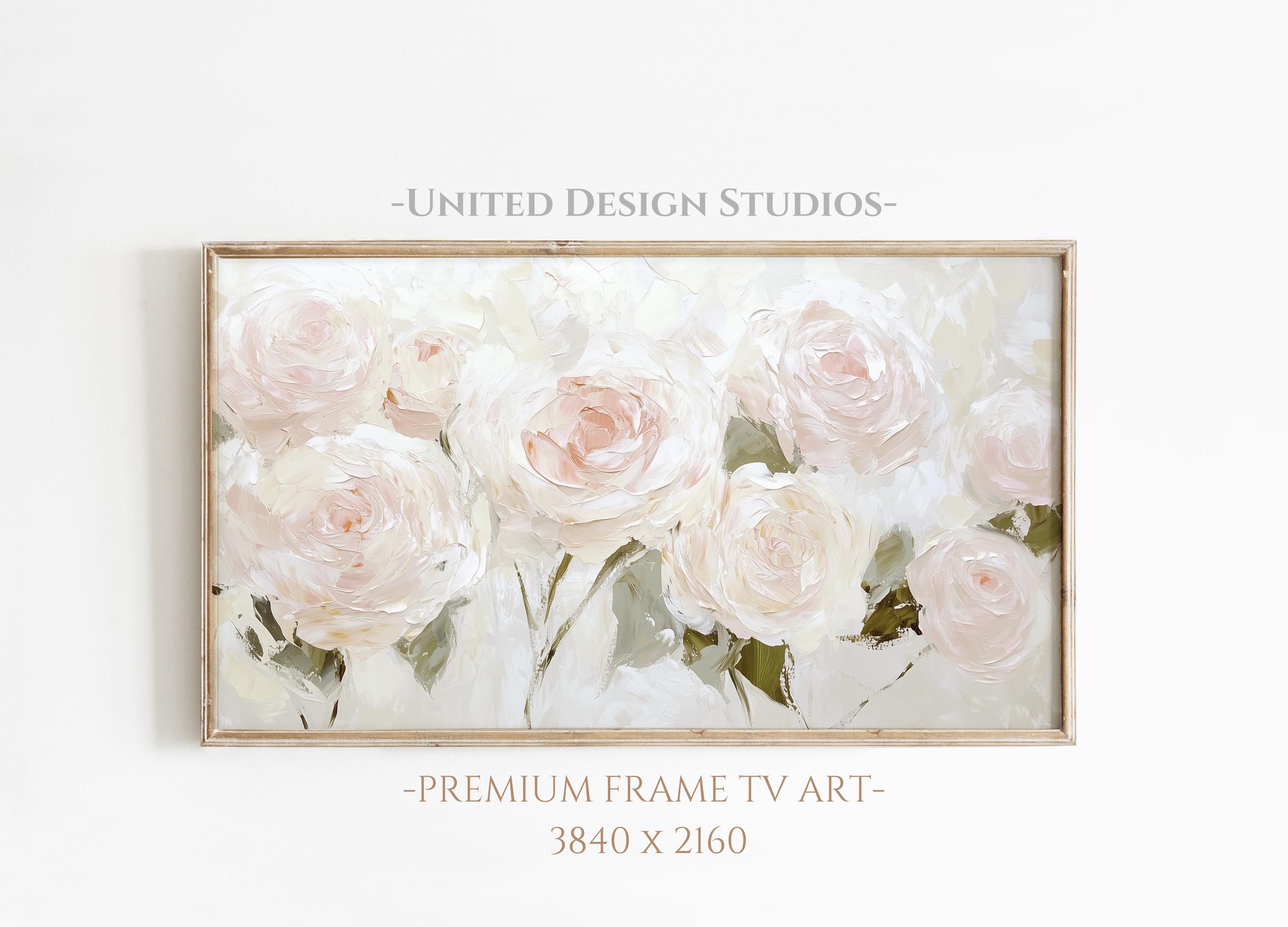 Summer Rose Frame TV Art, Neutral Pink Floral Painting, Soft Botanical ...