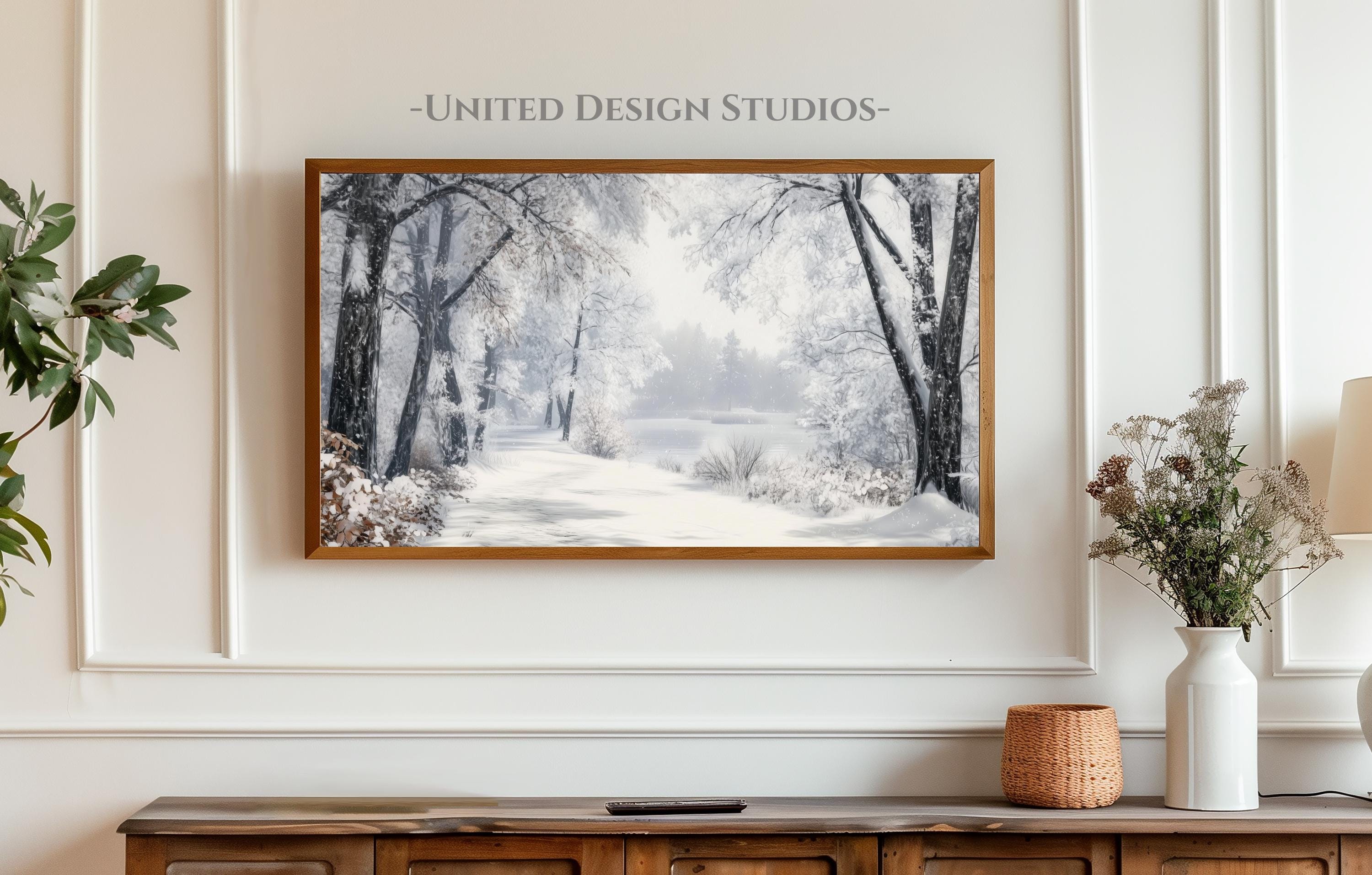 Frame Tv Winter Art, Painting of Winter Forest Lake Covered in Snow ...