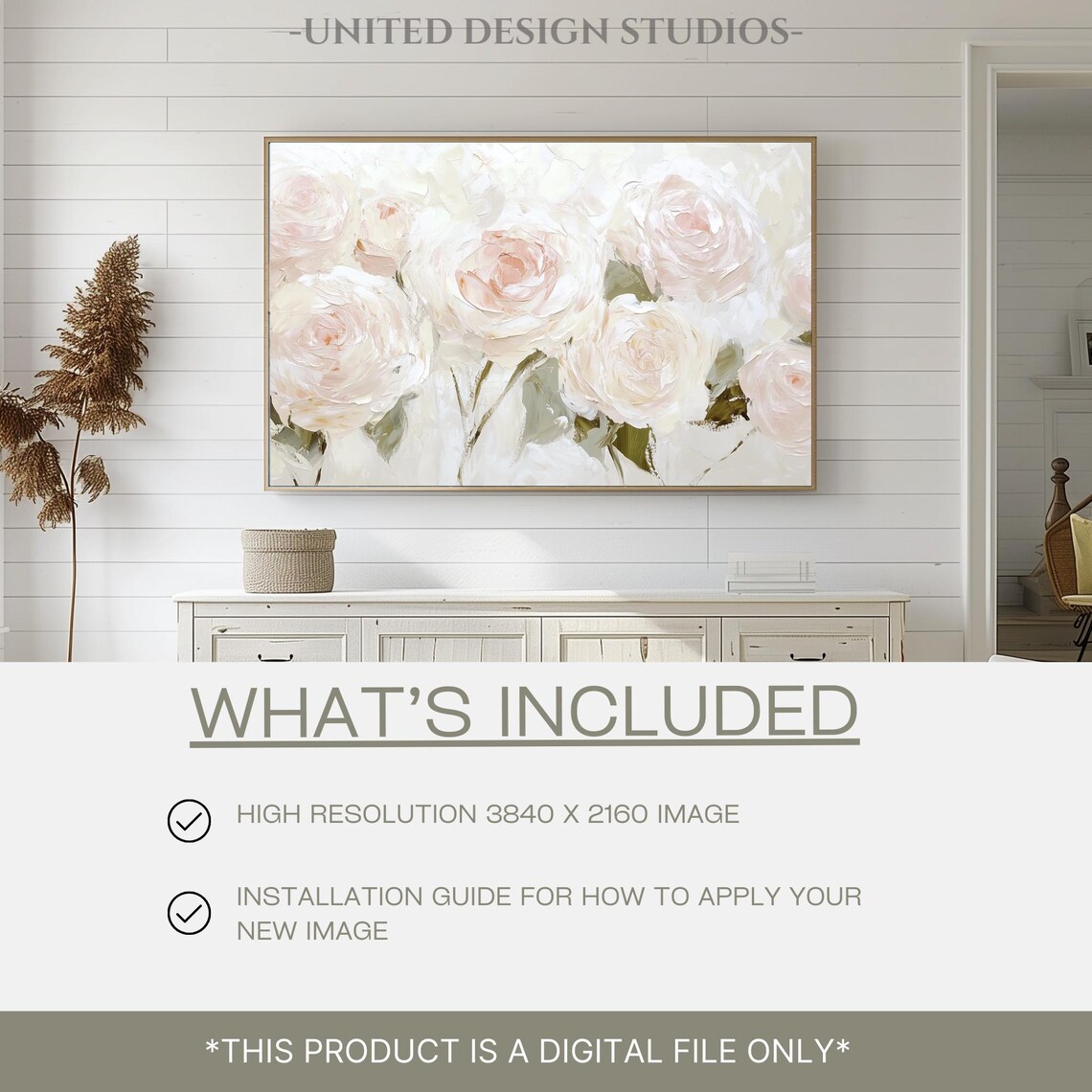 Summer Rose Frame TV Art, Neutral Pink Floral Painting, Soft Botanical ...