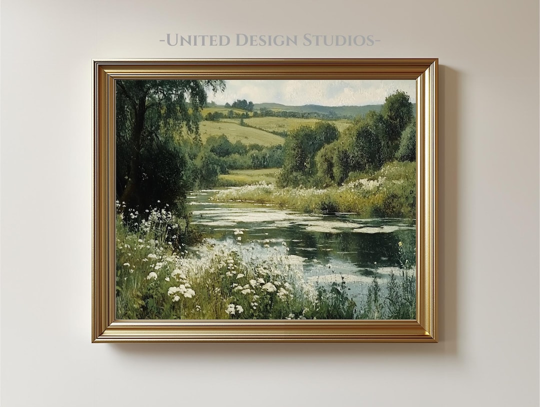 Countryside Landscape Printable Art, Wildflower Meadow River Scene ...