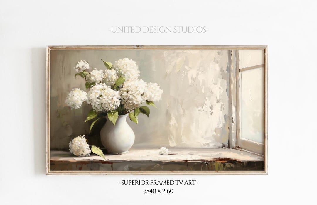 White Hydrangeas Still Life FRAME TV Art, Spring Frame Tv Art Rustic ...