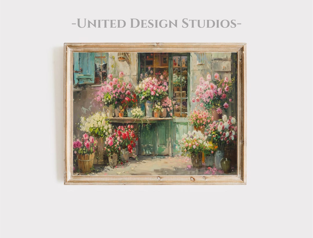 French Flower Shop Printable Wall Art, Colorful Cottage Garden Scene ...