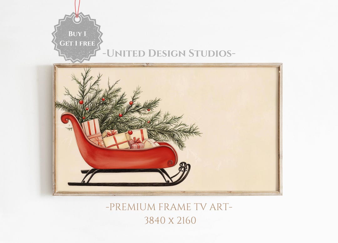 Christmas Frame Tv Art, Neutral Christmas Illustration Santa's Sleigh ...