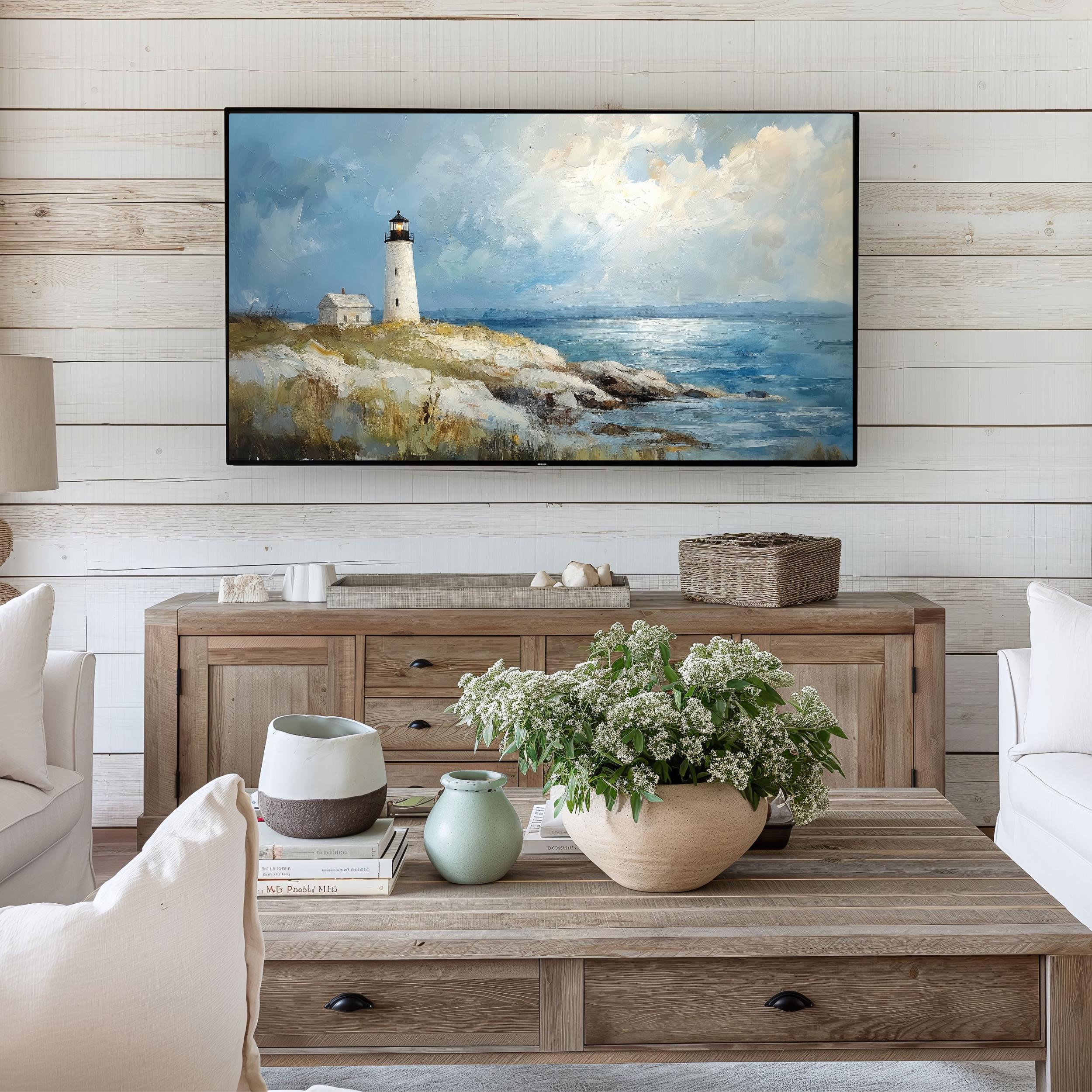 Neutral Lighthouse Frame TV Art, Coastal Ocean Cliff Scene, Seaside ...