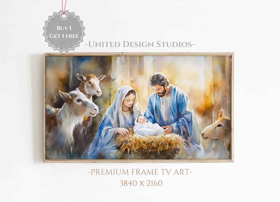 Christmas Nativity Scene Frame Tv Art, Neutral Watercolor Nativity ...
