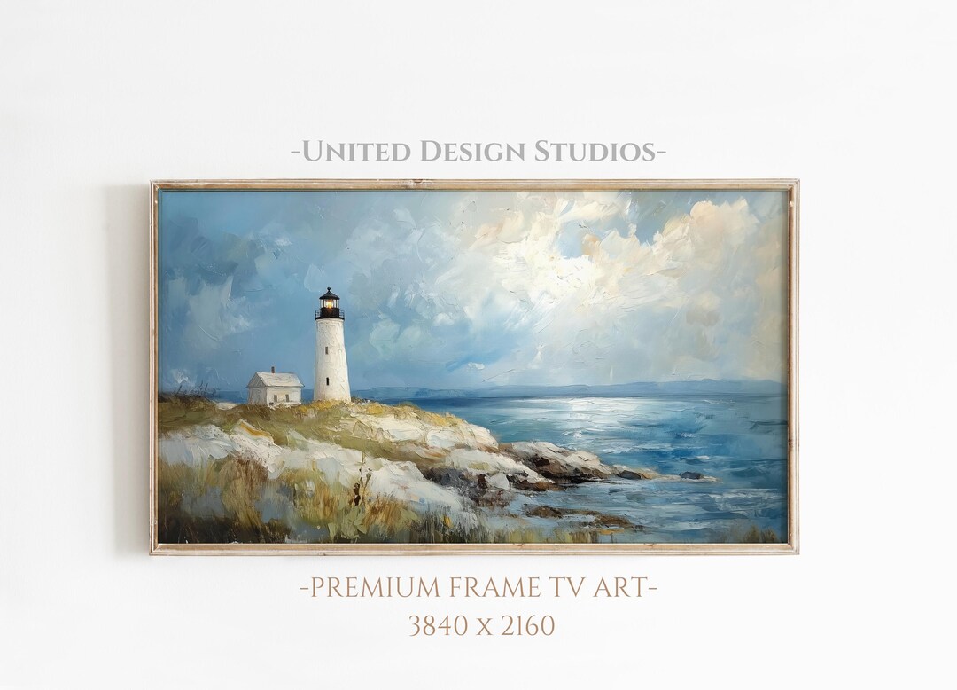 Neutral Lighthouse Frame TV Art, Coastal Ocean Cliff Scene, Seaside ...