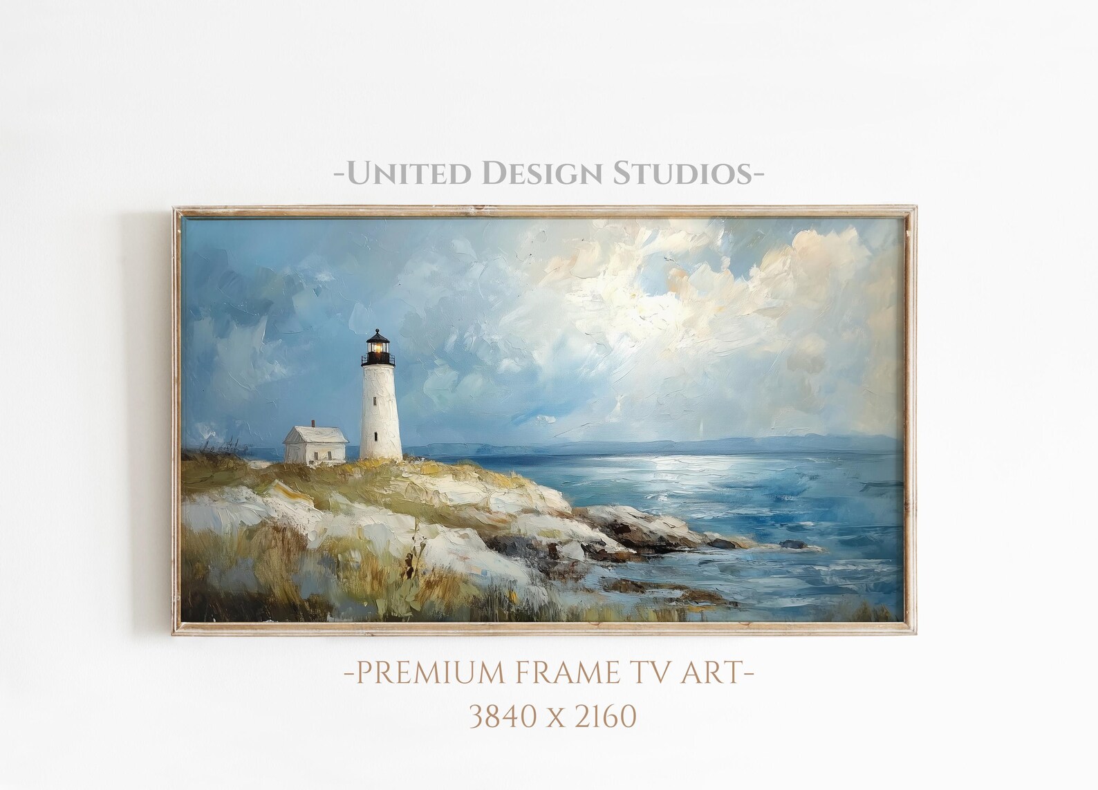 Neutral Lighthouse Frame TV Art, Coastal Ocean Cliff Scene, Seaside ...