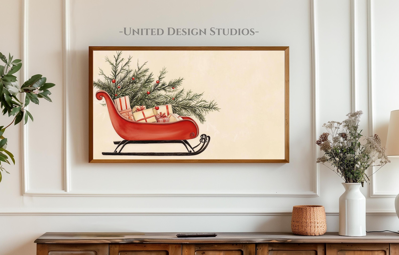 Christmas Frame Tv Art, Neutral Christmas Illustration Santa's Sleigh ...