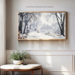 Frame Tv Winter Art, Painting of Winter Forest Lake Covered in Snow ...