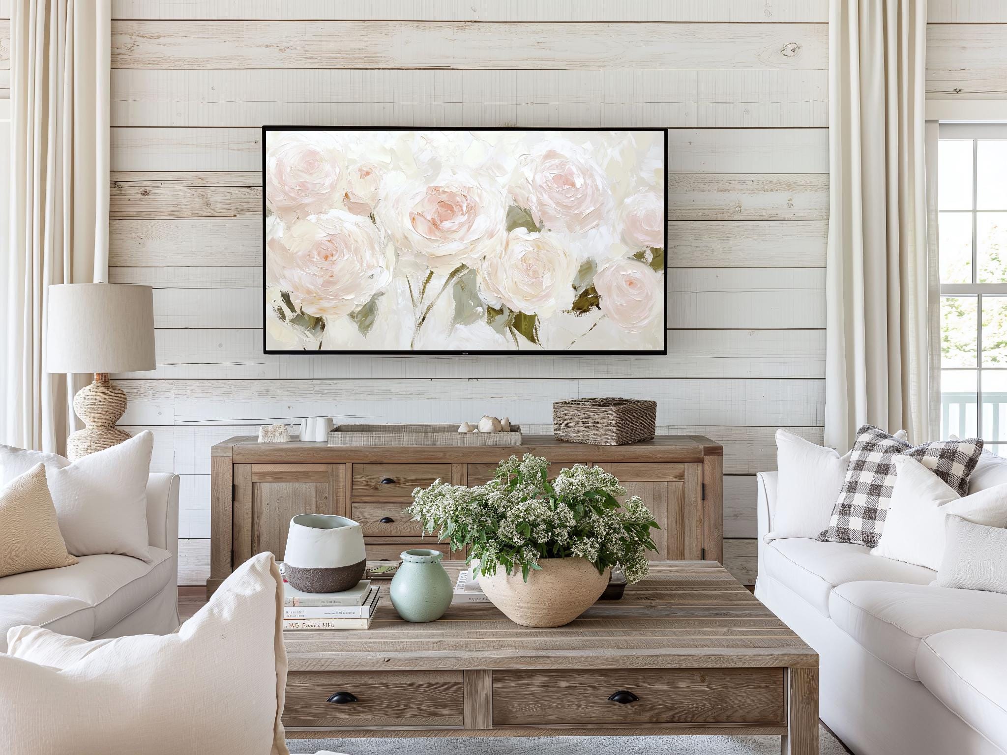 Summer Rose Frame TV Art, Neutral Pink Floral Painting, Soft Botanical ...