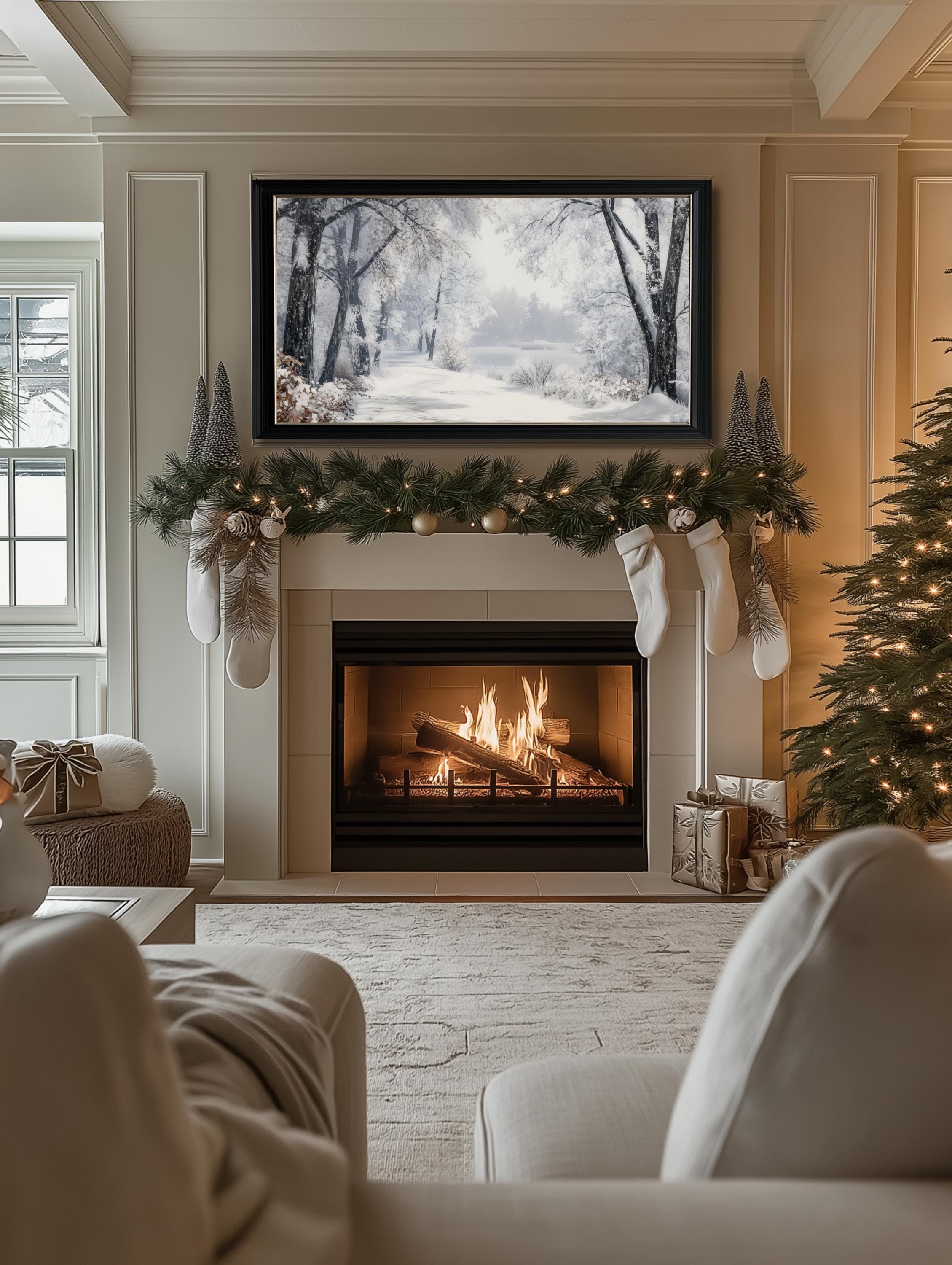 Frame Tv Winter Art, Painting of Winter Forest Lake Covered in Snow ...