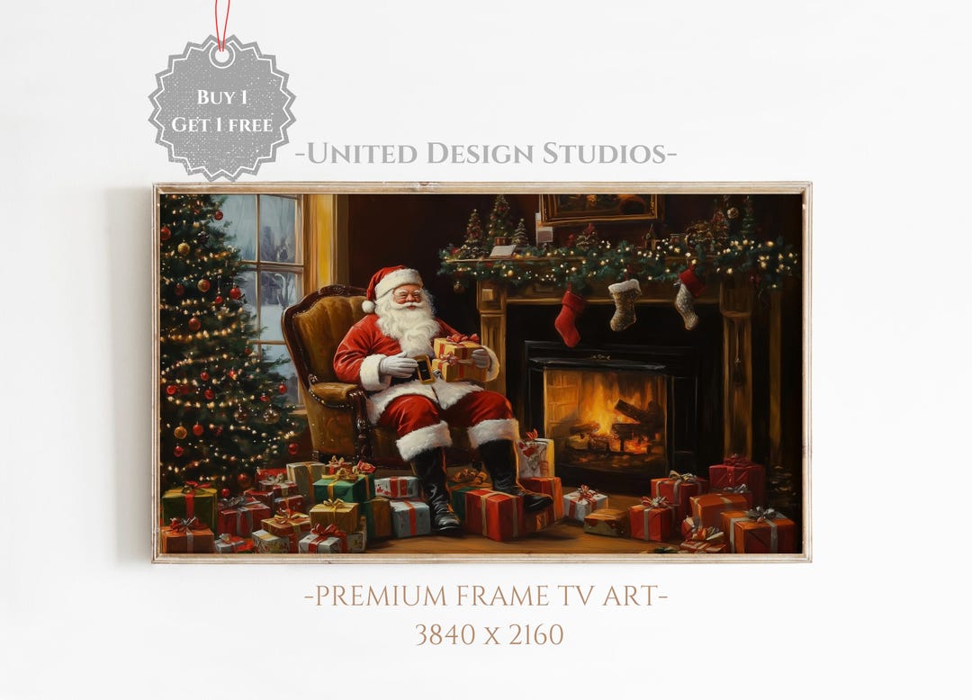 Christmas Frame Tv Art, Santa Sitting by Fire With Christmas Gifts ...