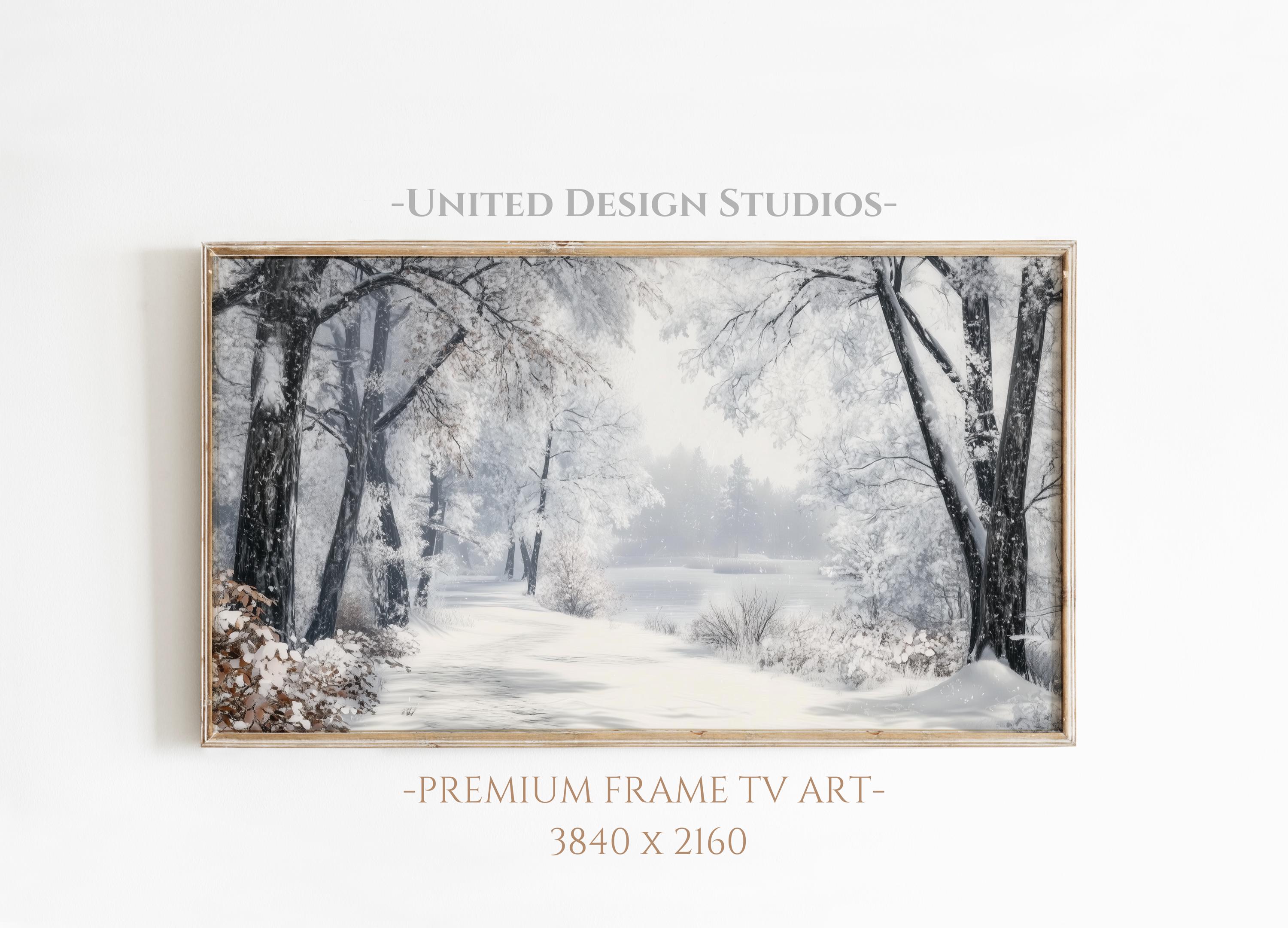 Frame Tv Winter Art, Painting of Winter Forest Lake Covered in Snow ...