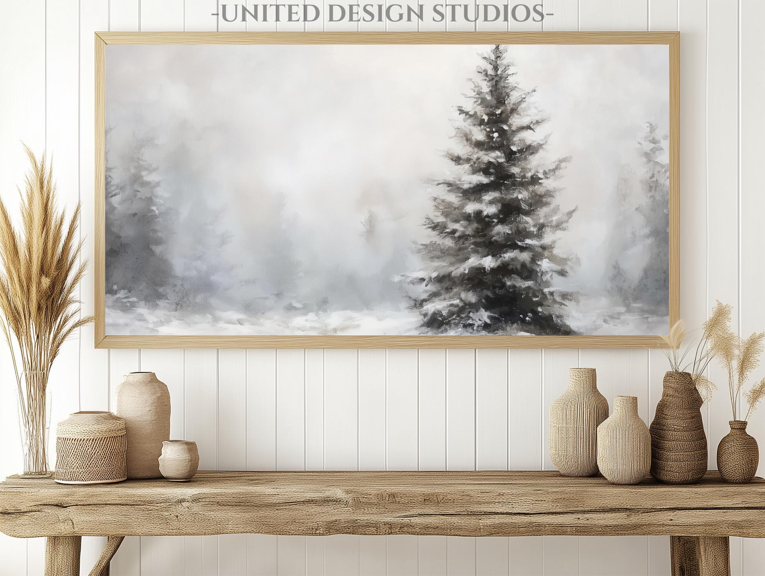 Frame Tv Winter, Painting of Pine Tree Forest Frame Tv Art, , Moody ...