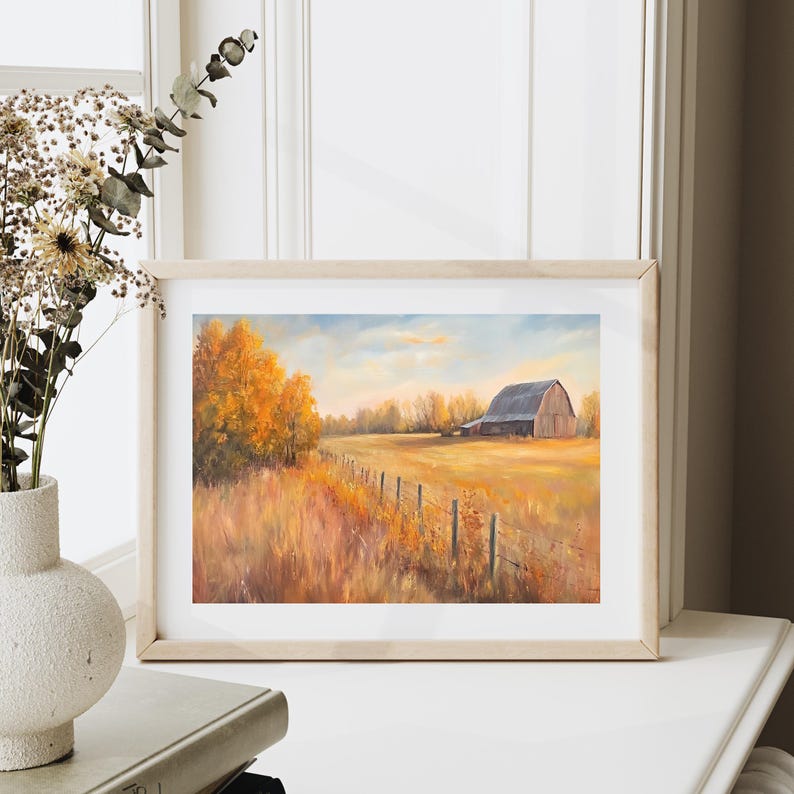 Fall Oil Painting, Autumn Barn Landscape, Rustic Farm Scene With Fence ...