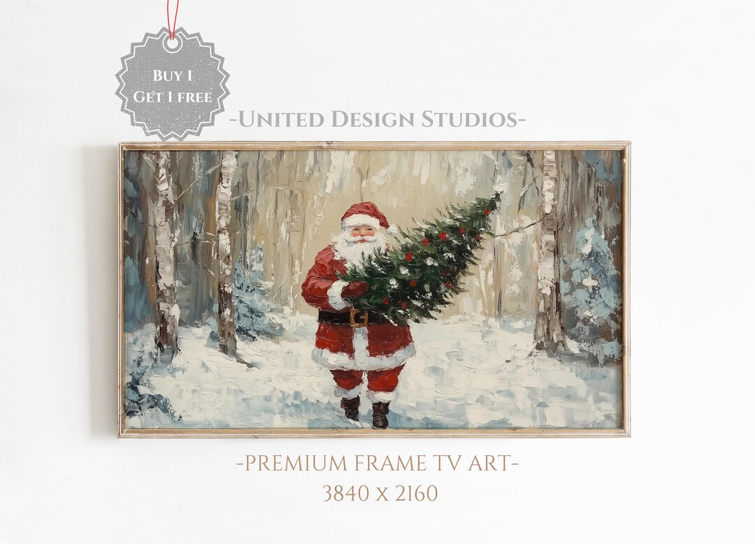Christmas Frame Tv Art, Painting of Santa Claus With Christmas Tree in ...