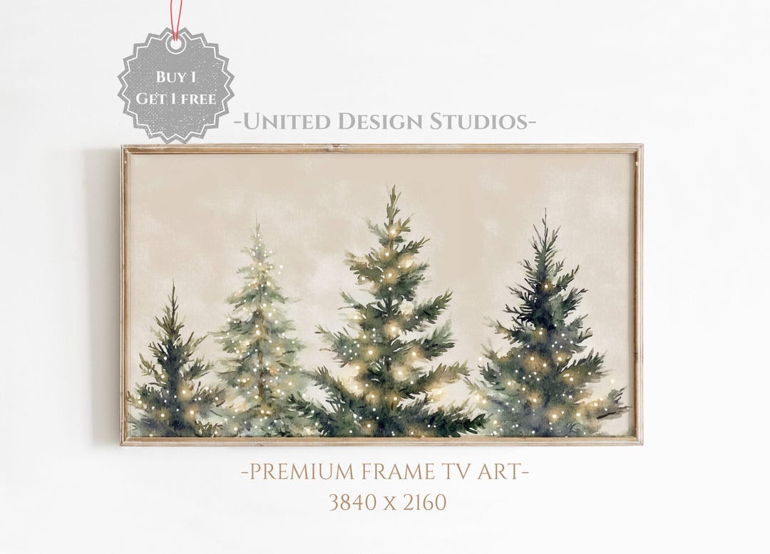 Christmas Tree Frame Tv Art, Neutral Watercolor Christmas Tree Painting ...