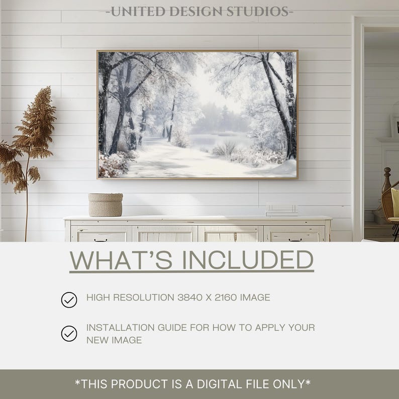 Frame Tv Winter Art, Painting of Winter Forest Lake Covered in Snow ...